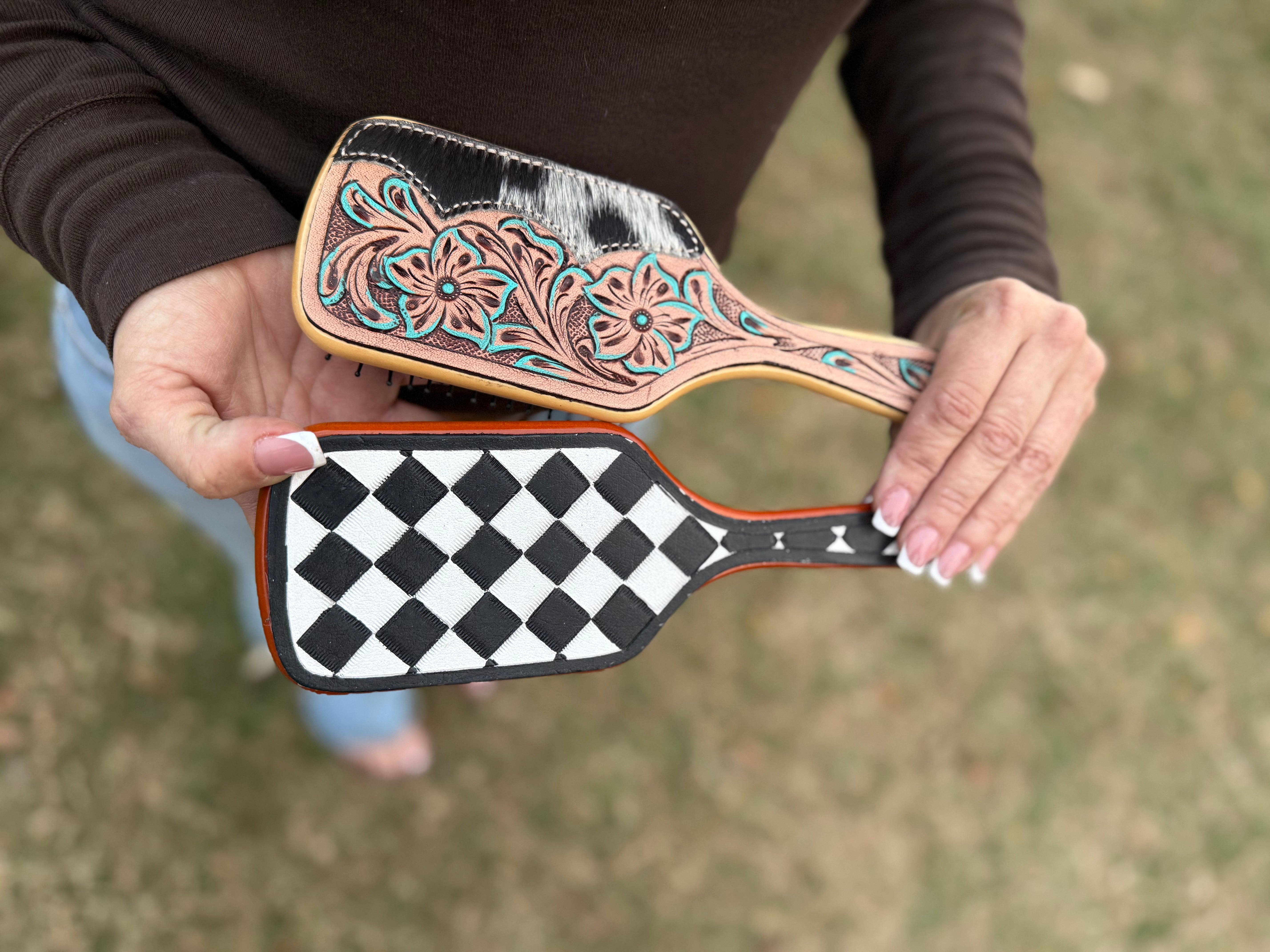 Tooled leather /cowhide hair brush – Painted porch