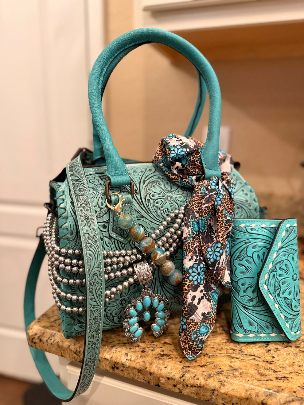 "Heirloom Turquoise" teal tooled leather speedy tote (exclusive design ...