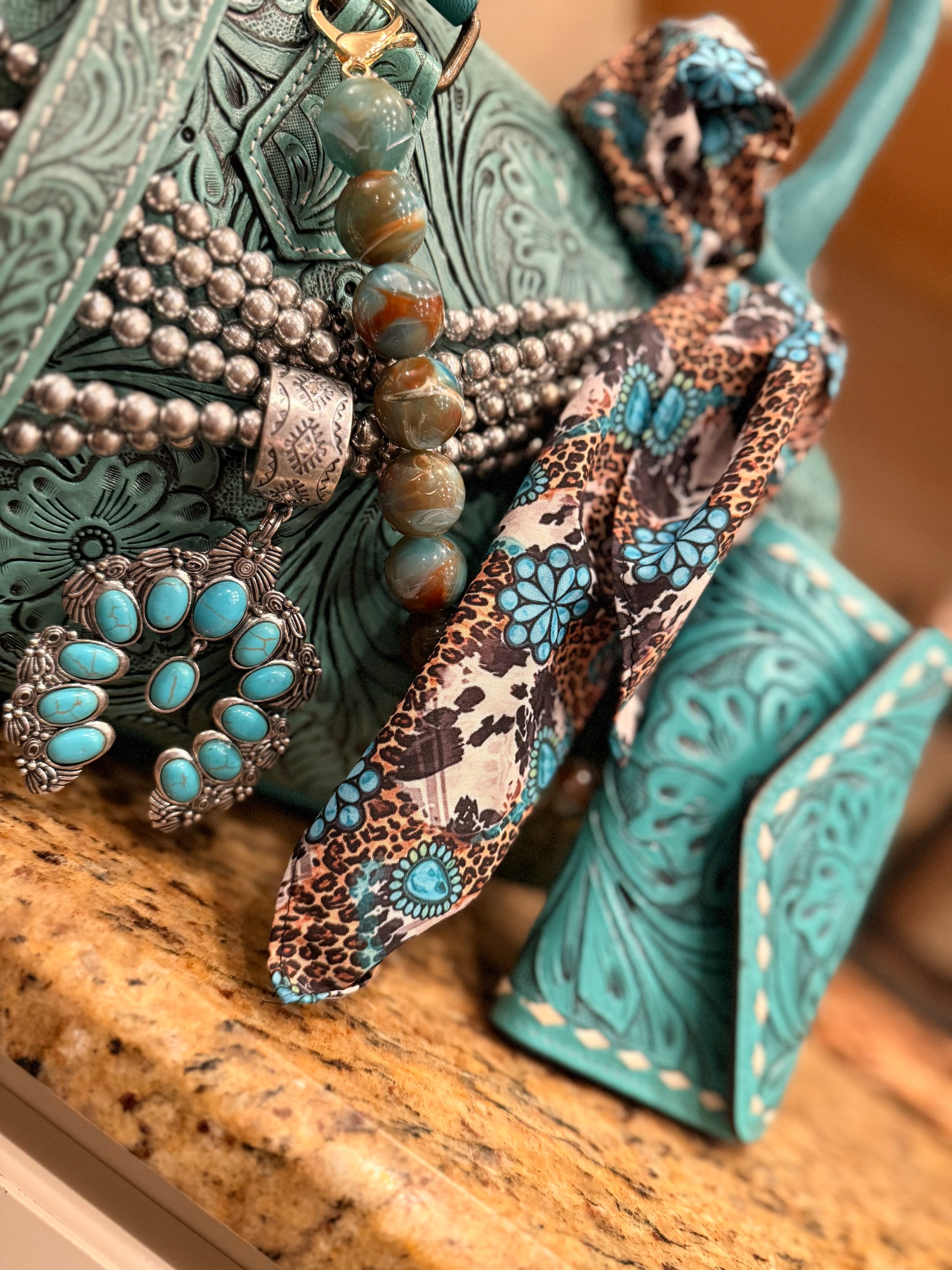 "Heirloom Turquoise" teal tooled leather speedy tote (exclusive design ...